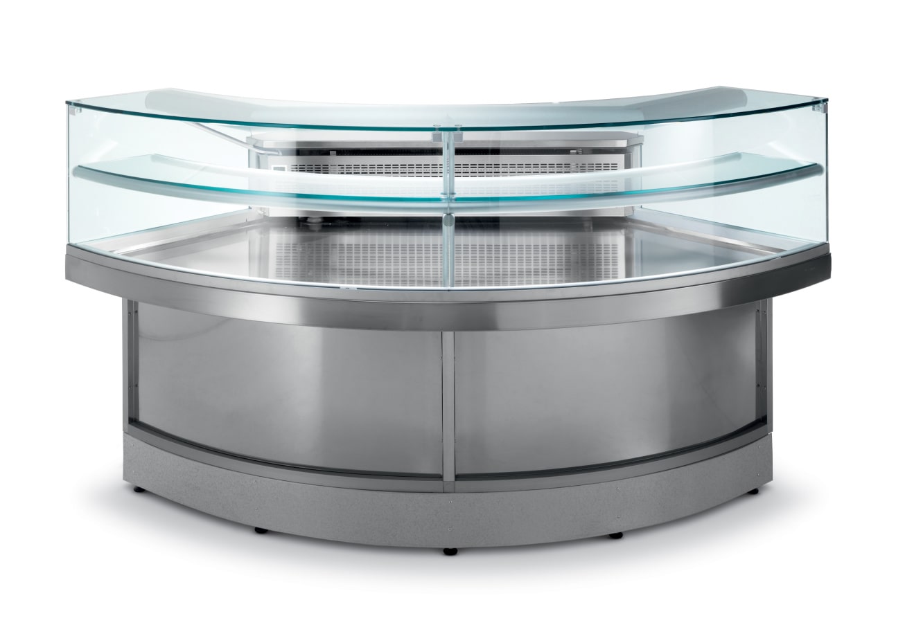 Curved refrigerated display case for food